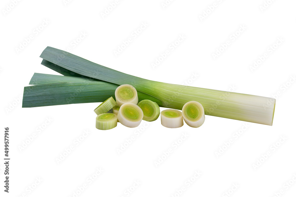 Fresh leek whole and sliced isolated. leek with slices isolated on ...