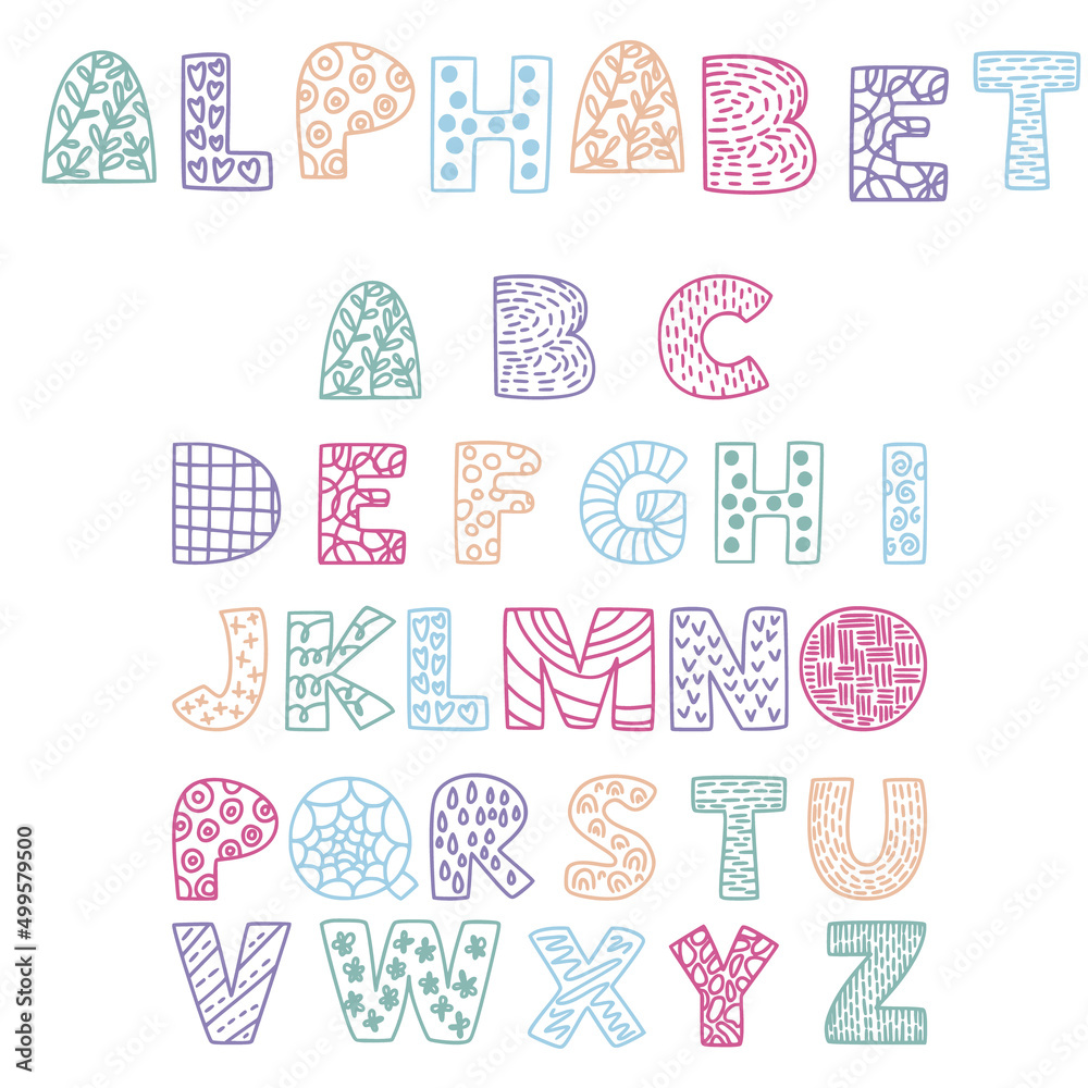 Handdrawn vector english alphabet with abstract patterns. ABC poster ...