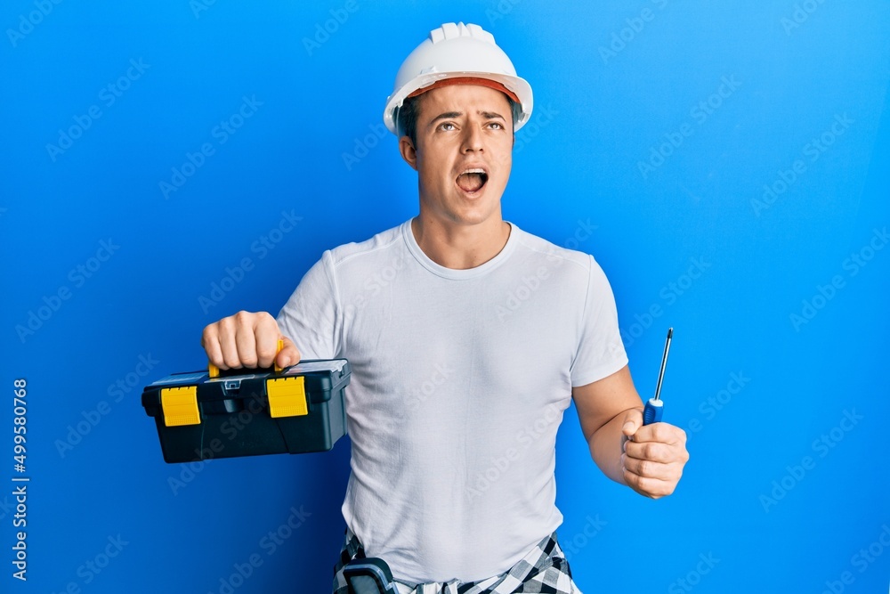 Handsome young man holding toolbox and screwdriver angry and mad ...