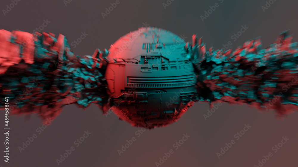 Spherical science fiction object with abstract elements pierced through ...