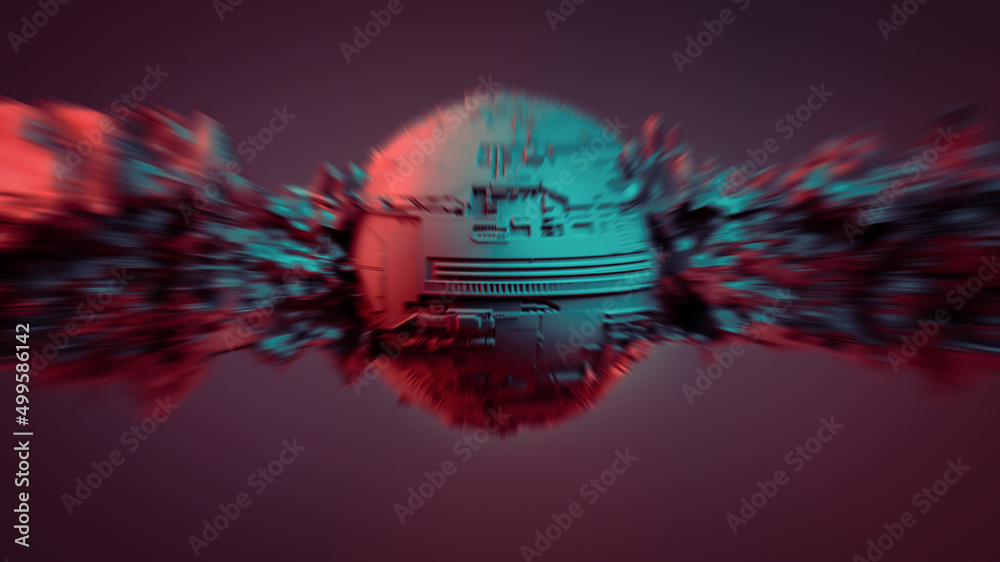 Spherical science fiction object with abstract elements pierced through ...
