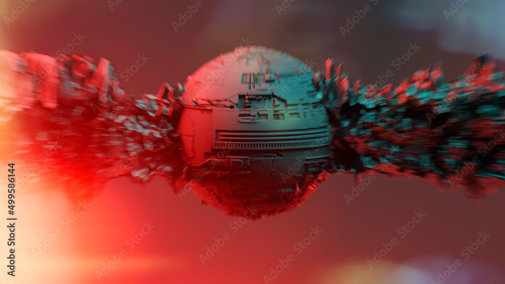 Spherical science fiction object with abstract element pierced through ...