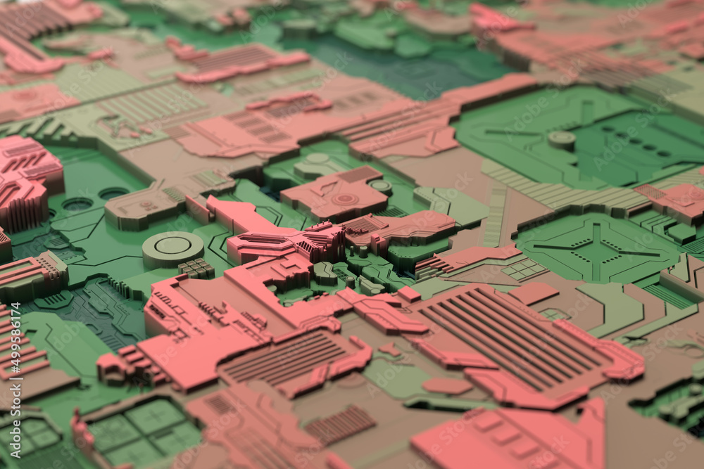 Macro view of circuit metal board with reflection. Future and ...