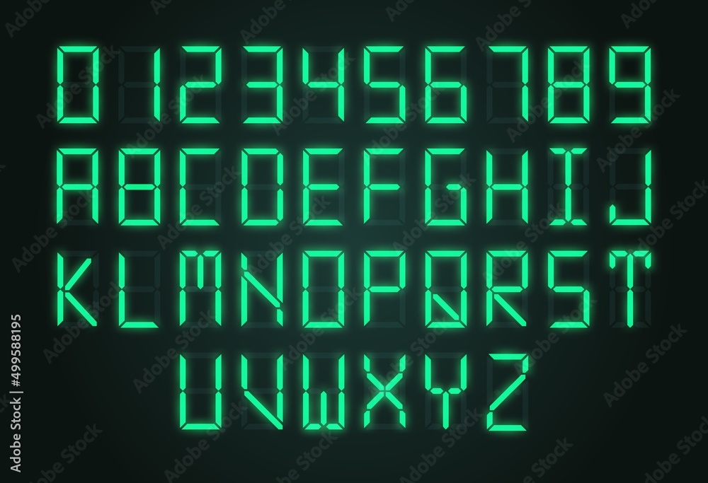 Digital alarm alphabet. Electronics watches letters, clock numbers and ...