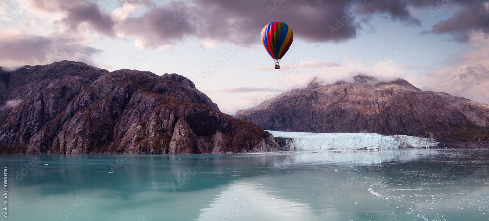 Hot Air Balloon Flying over the Pacific Ocean Coast and Rocky Mountains ...