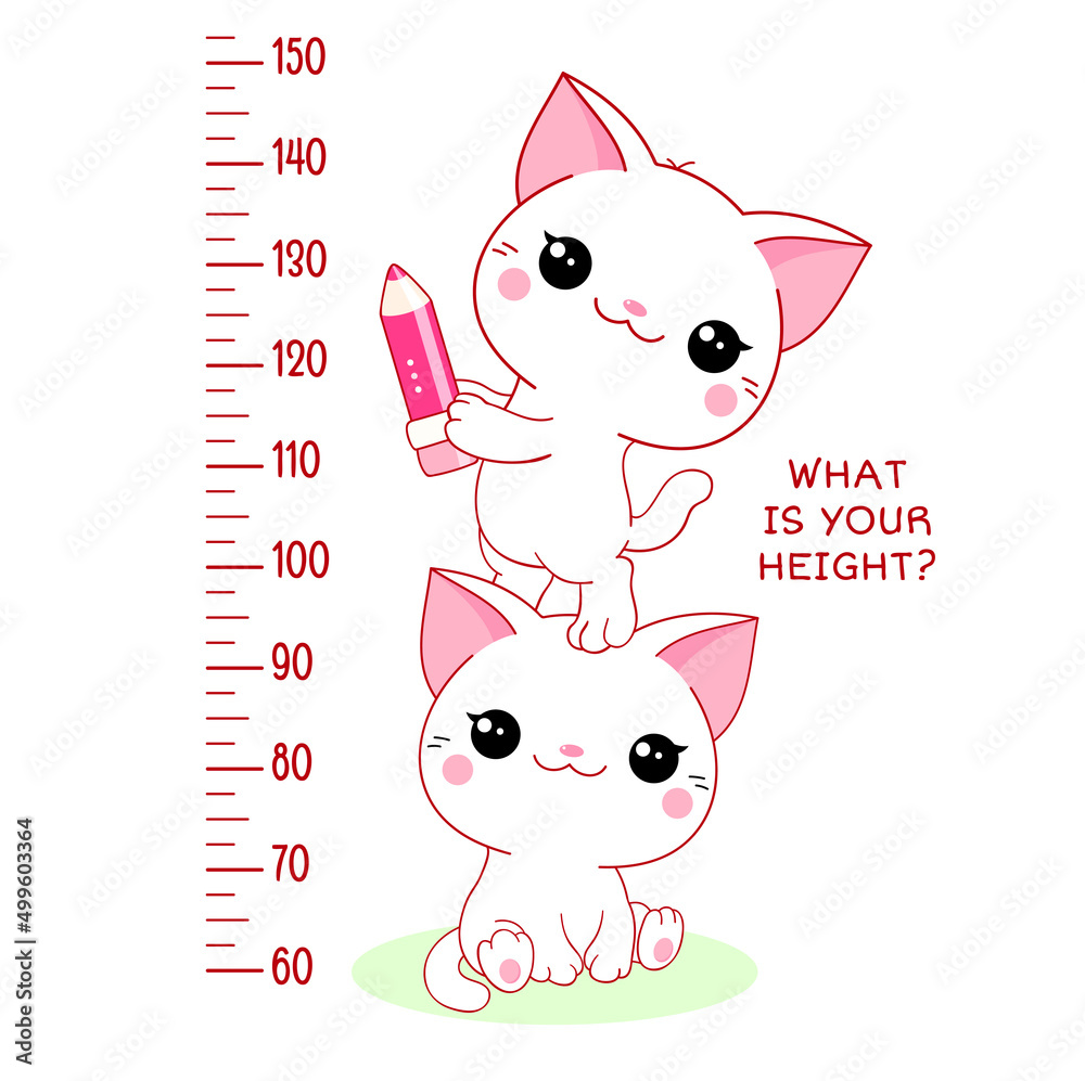 Height chart with kawaii white cats. Kids meter with cute little ...
