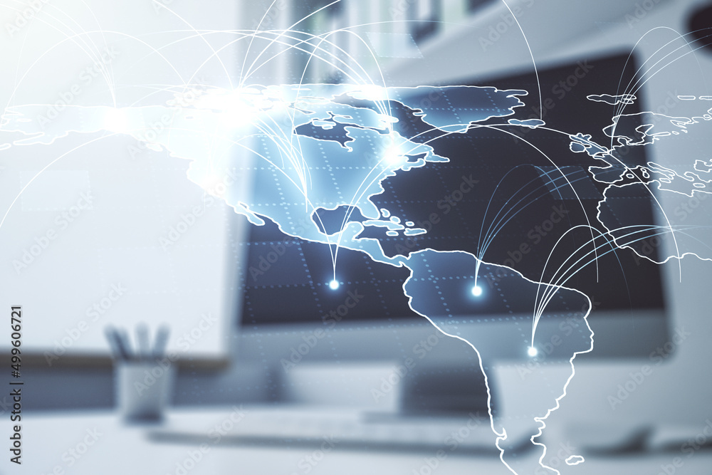 Double exposure of abstract digital world map with connections and ...