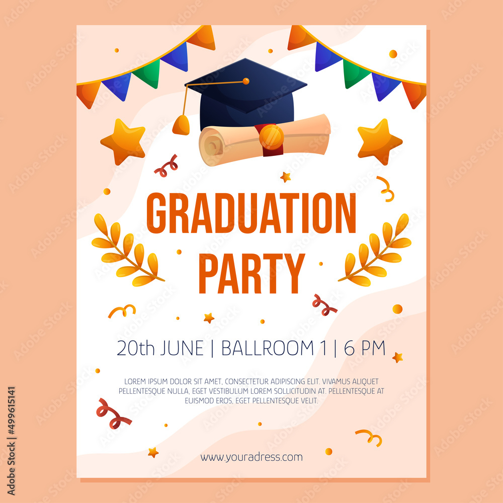 Graduation party poster invitation with cap, diploma script, garland ...
