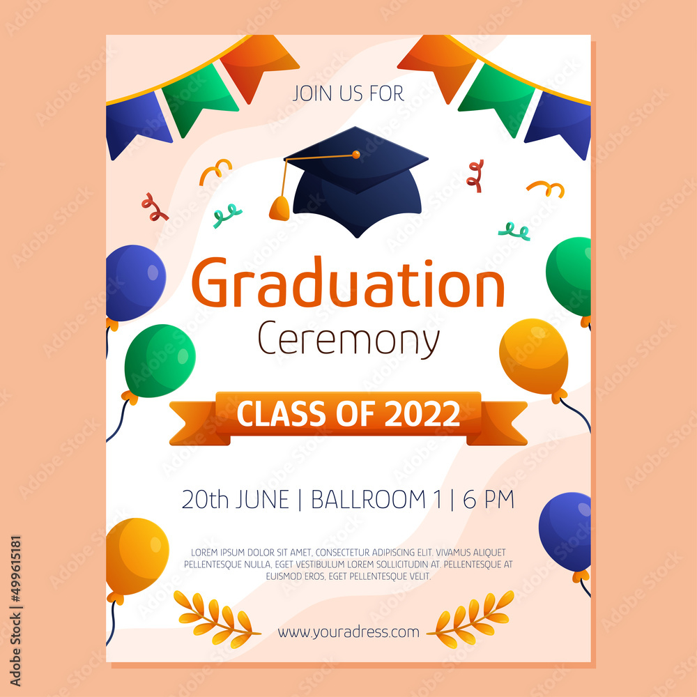 Graduation ceremony poster invitation student cap, garland and ballons ...