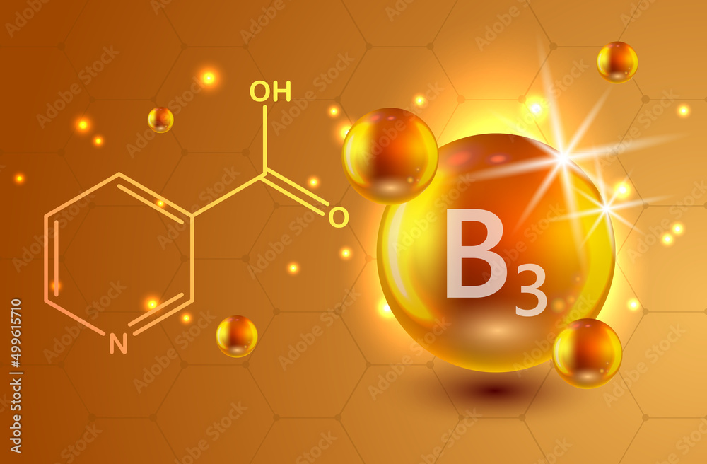 Nutrition sign vector concept. The power of vitamin B3. Chemical ...