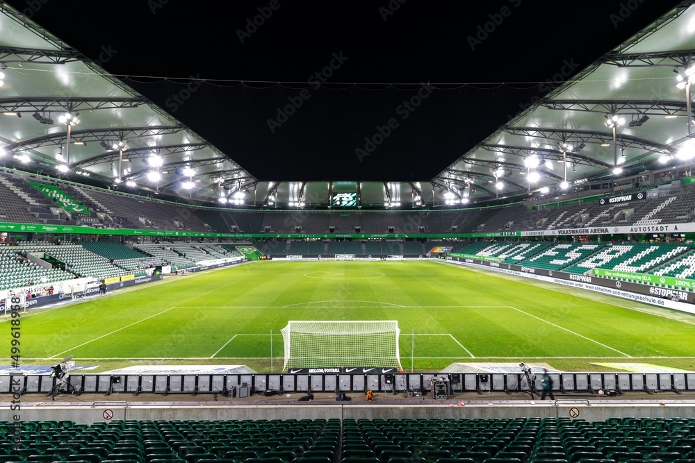 Panoramic night view inside illuminated empty Volkswagen Arena stadium ...