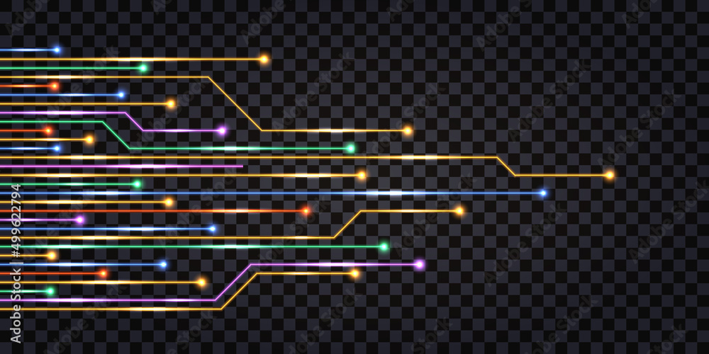 Fiber optic cable lines with neon light glow effect. Network connection ...