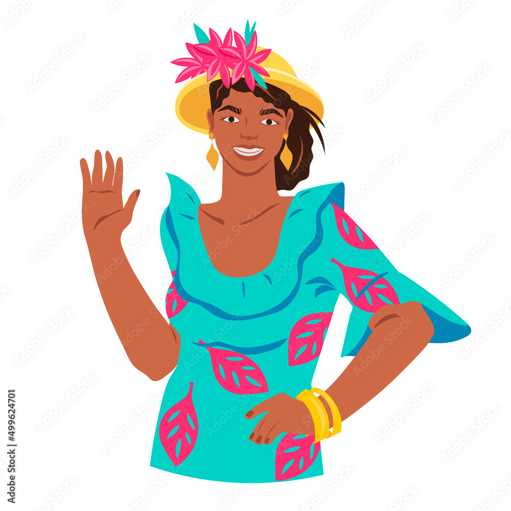 Beautiful cuban woman in fancy dress and straw hat, flat vector ...