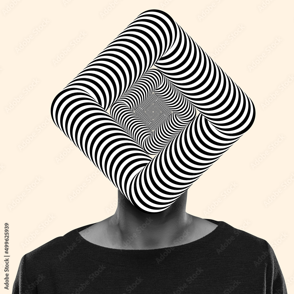 Contemporary art collage. Man with hypnotic head, optical illusion ... Contemporary art collage. Man with hypnotic head, optical illusion ...