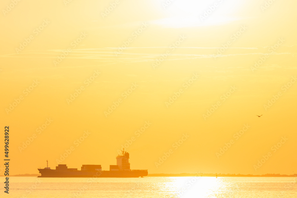 Container cargo ship in the ocean at sunset sky background at Bangpoo ...