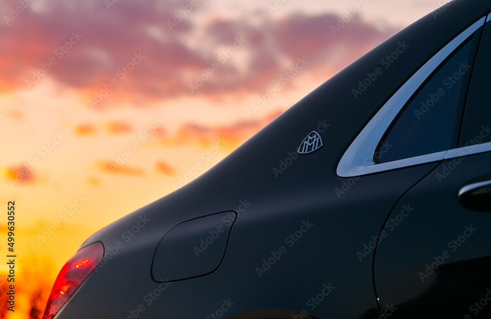 The logo sign of a Mercedes Benz Maybach premium car. Luxury cars ...