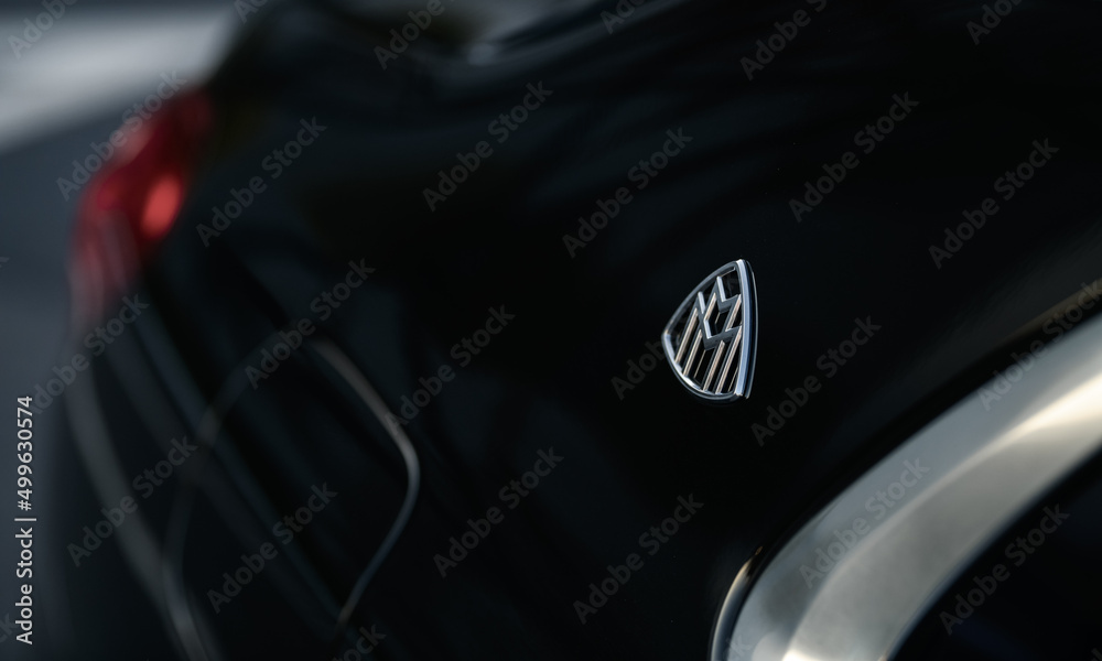 The logo sign of a Mercedes Benz Maybach premium car. Luxury cars ...