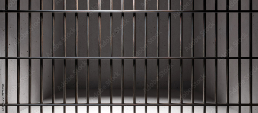 Prison cell, jail steel bars, empty dark dungeon interior. Conviction ...