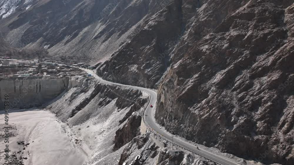 Aerial View Of New Section Of KKH Phase II At Khyber Pakhtunkhwa. Dolly Forward, Pedestal Up ...