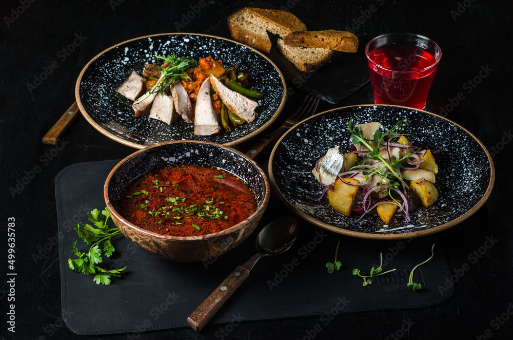 Large lunch set of three courses soup, second course and salad ...