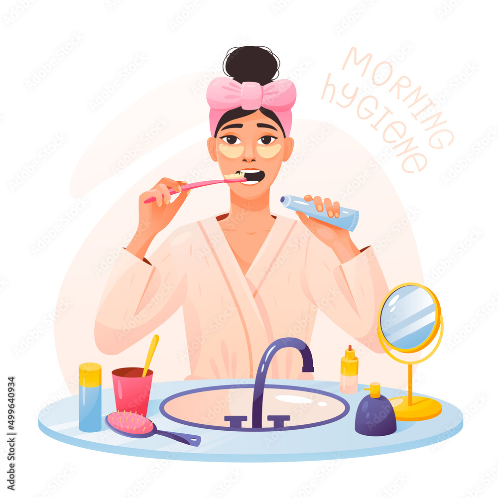 Morning hygiene collection. A young girl during daily hygiene. The girl ...