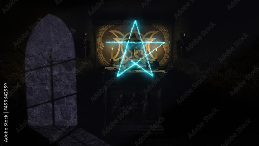 Moonlit rising 3D CGI shot of a dark chapel with a Satanic Pagan style ...