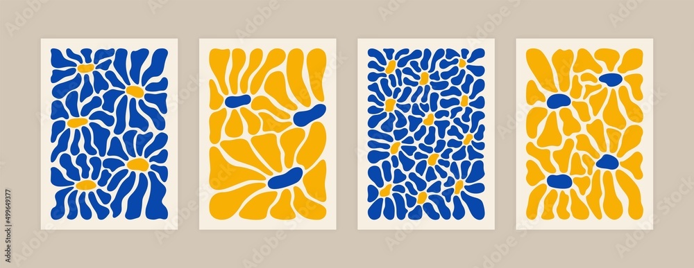 Modern floral poster set. Hand drawn flowers infantile style. Abstract ...