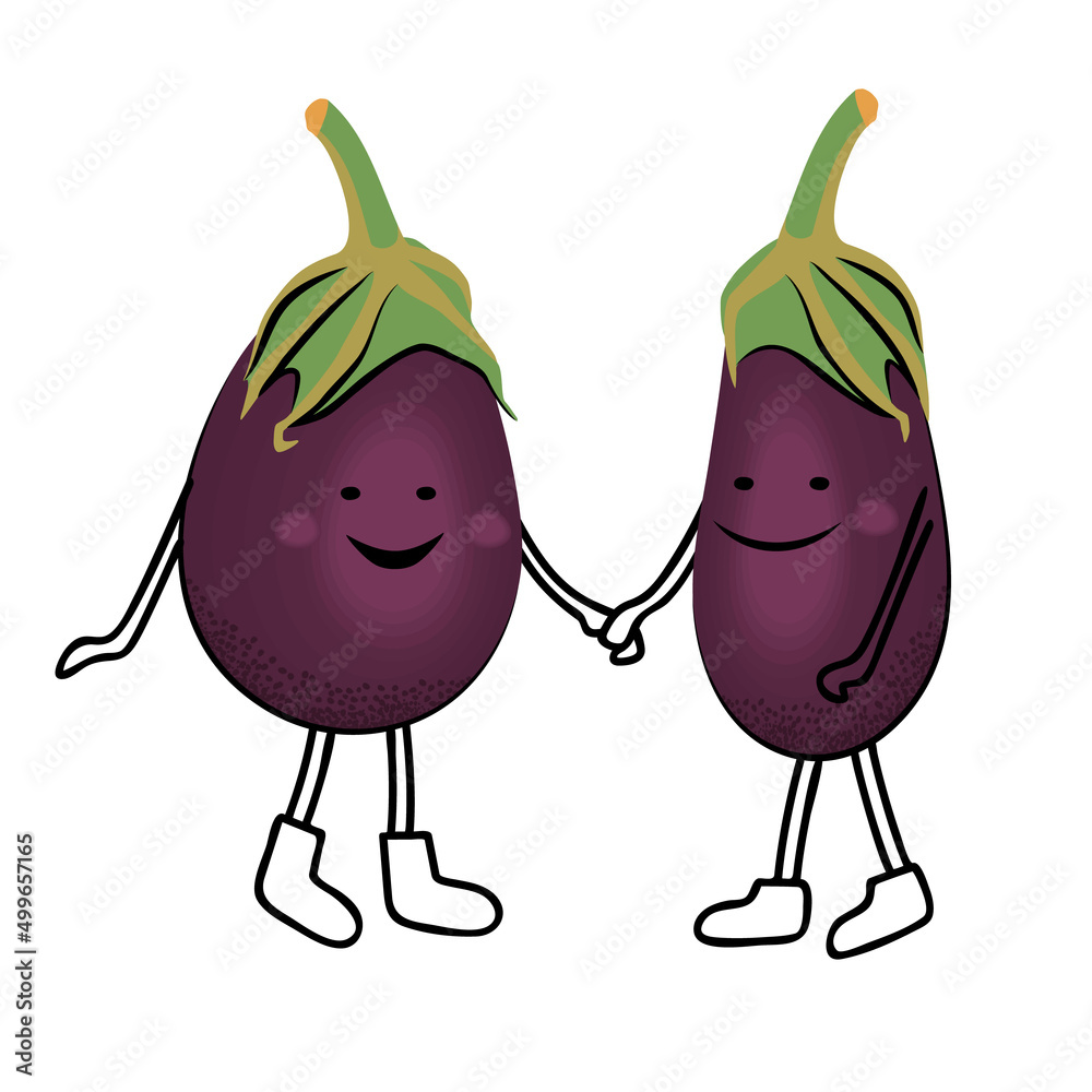 Pair of eggplants in cartoon style.Vegetable smiling characters stand ...