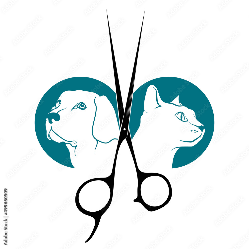 Grooming and pet care. Scissors silhouette and cat dog. Symbol for ...