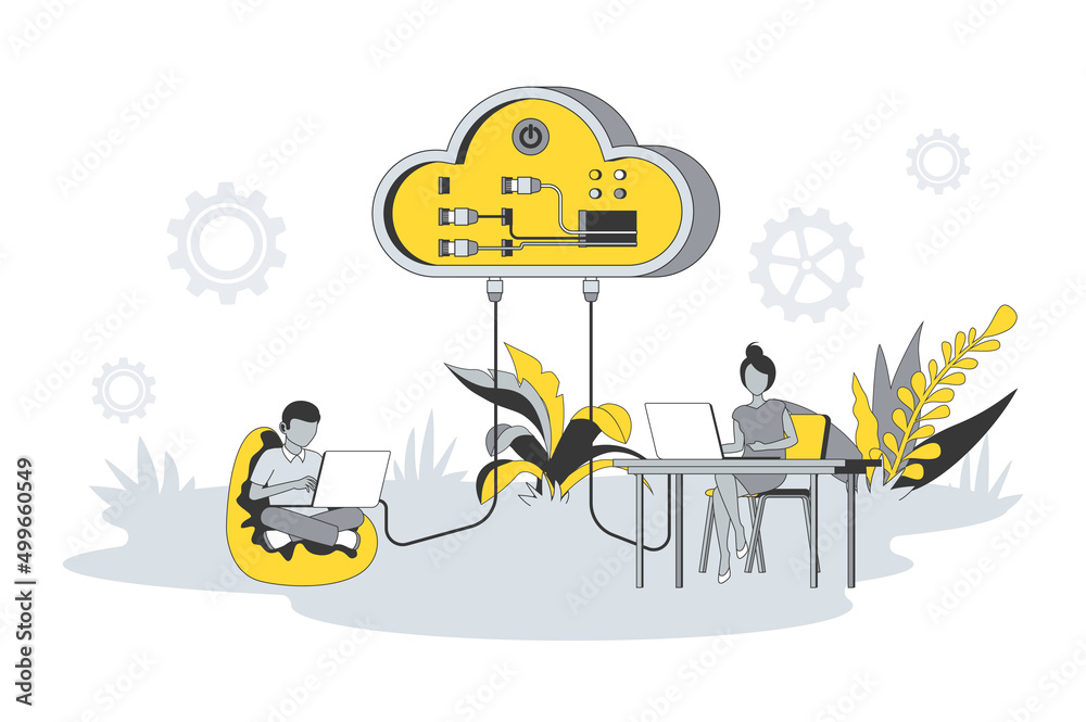 Cloud computing concept in flat line design. People upload files to ...