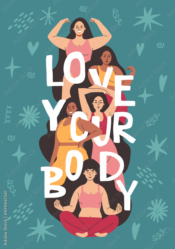 Very different beautiful girls are standing in swimsuits and smiling ...