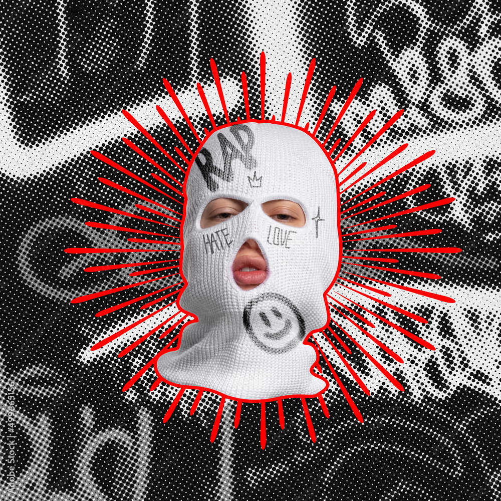 Contemporary art collage. Stylish young woman wearing white balaclava ...