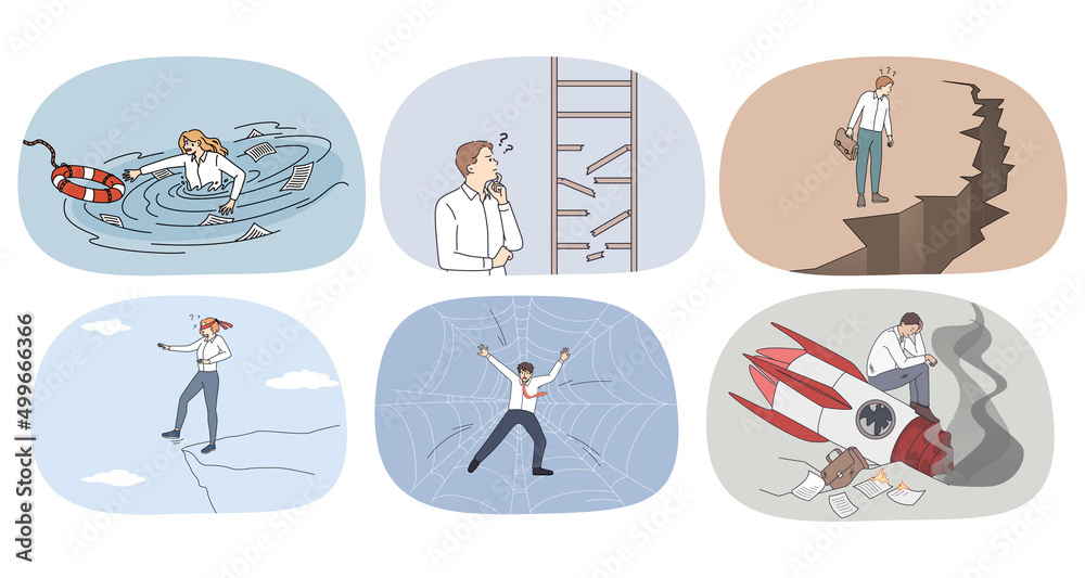 Collection of businesspeople distressed with work failure or crisis ...