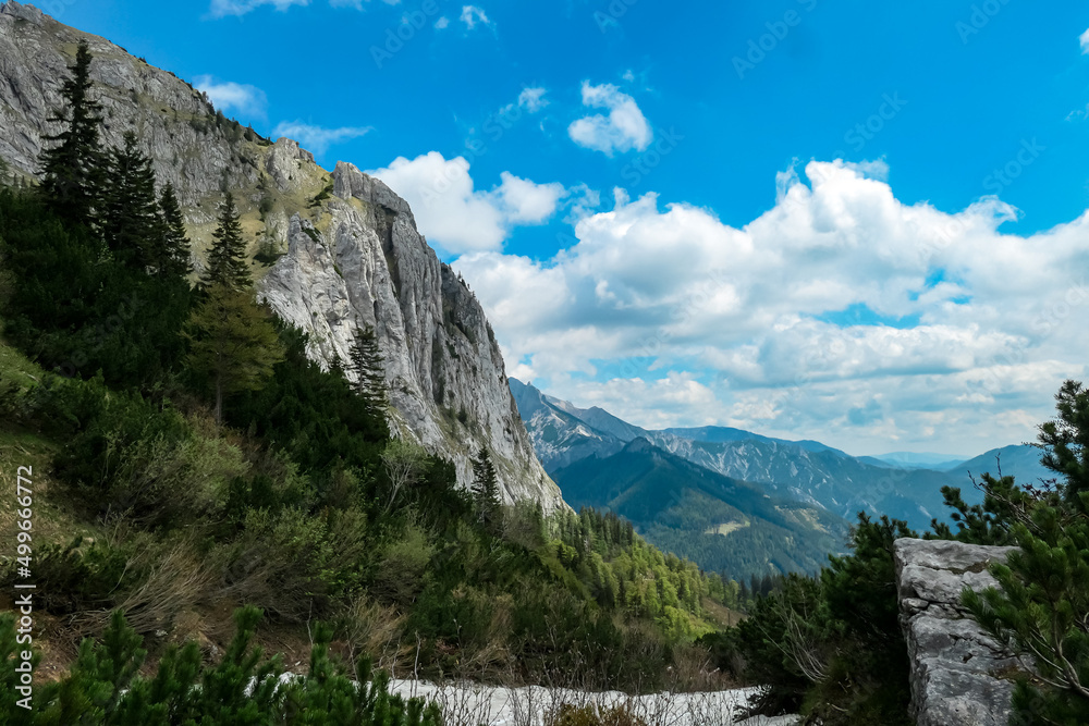 Panoramic view on the mountain peaks of the Hochschwab Region in Upper ...