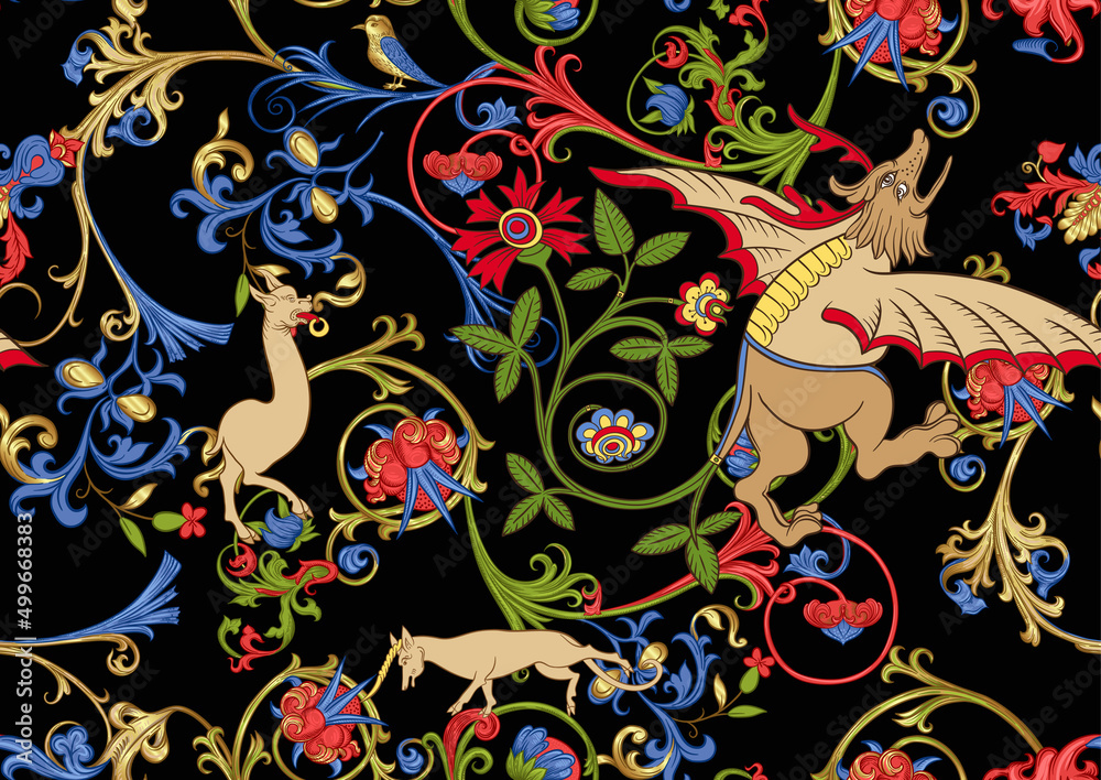 Vetor de Floral fnd animals vintage seamless pattern. Medieval ...