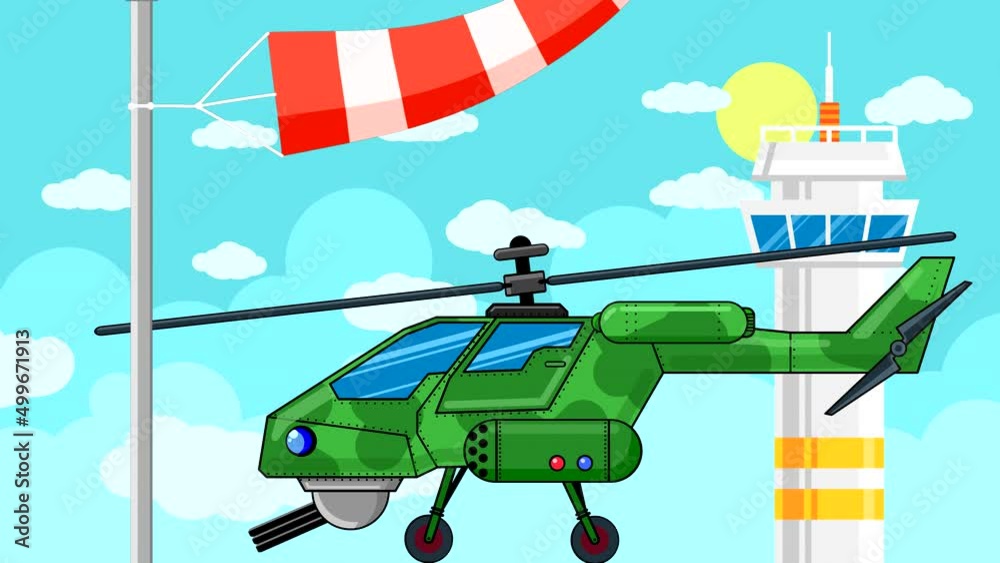 A military helicopter stands at the airfield with an observation tower ...