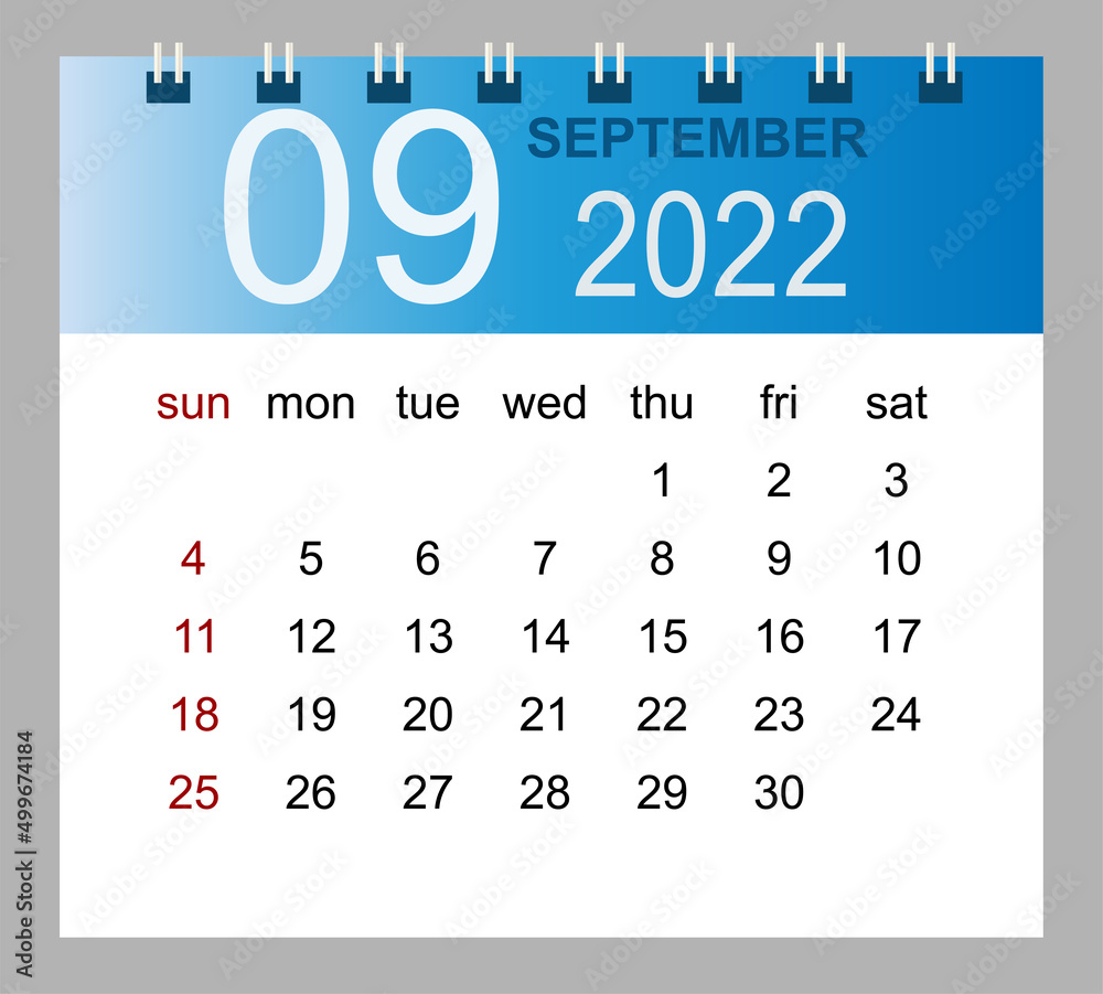 September 2022. Vector monthly calendar template 2022 year in simple ...