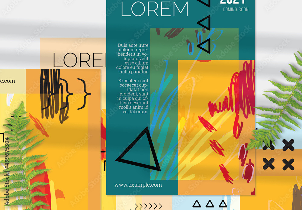 Poster Layout with Geometric Shapes and Abstract Bright Artistic Brush ...