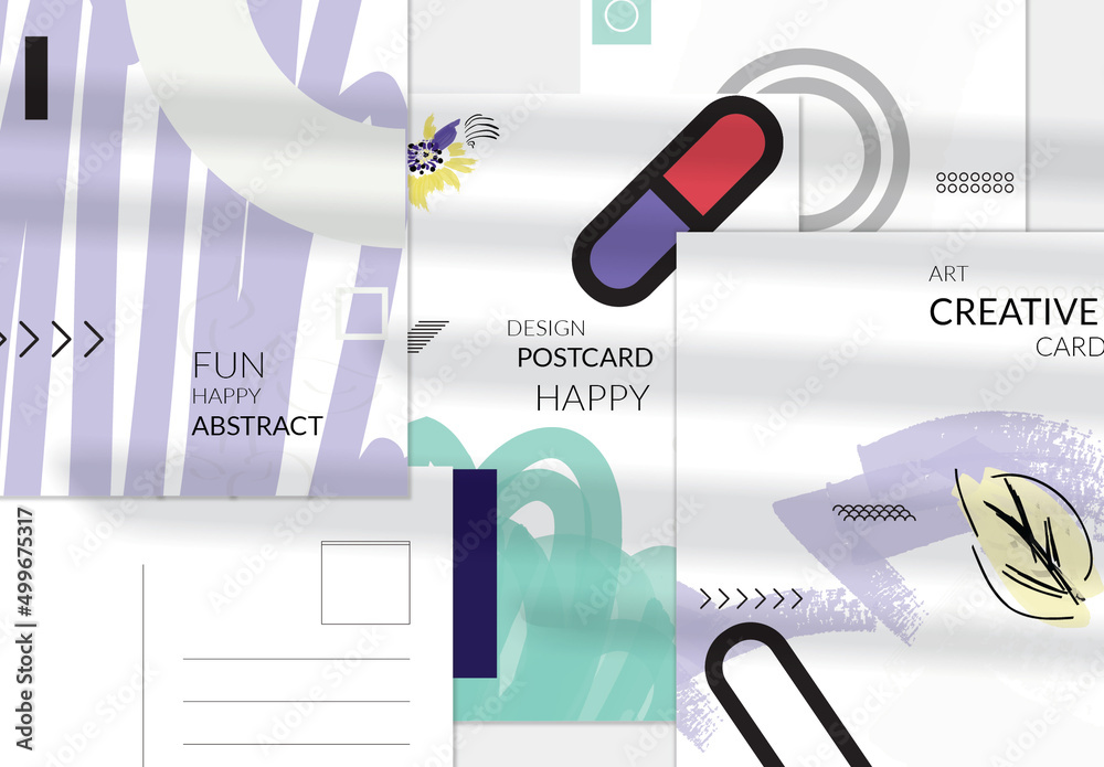 Postcard Layout with Hand Drawn Abstract Floral Doodles and Geometric ...