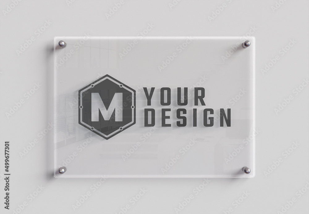 Glass Sign Plate on White Wall Mockup Stock Template | Adobe Stock