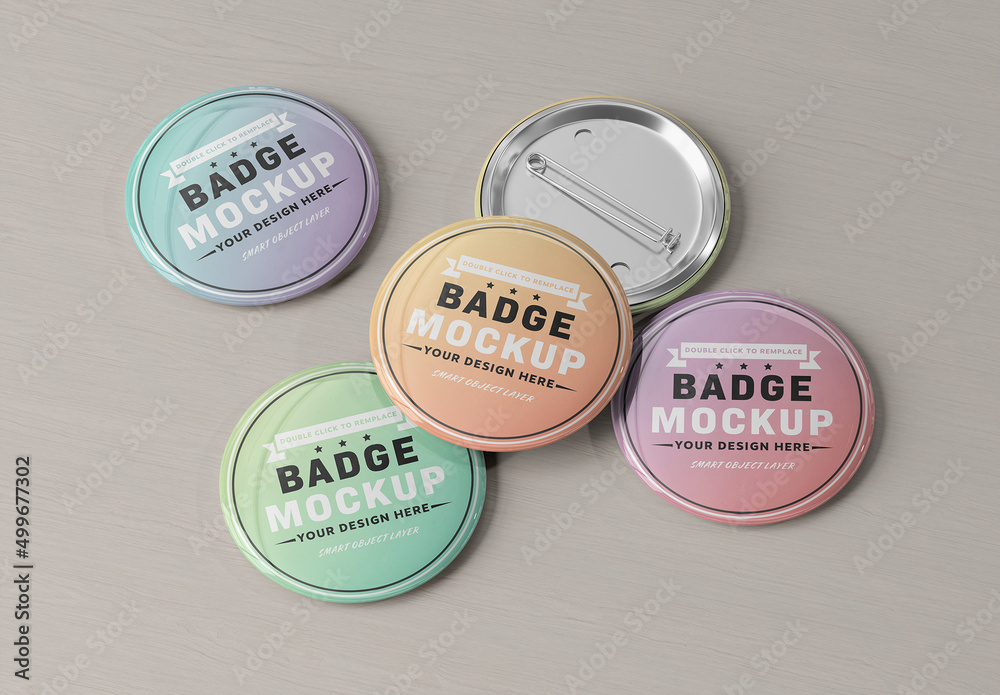Badge Pin Button Mockup on Wood Stock Template | Adobe Stock