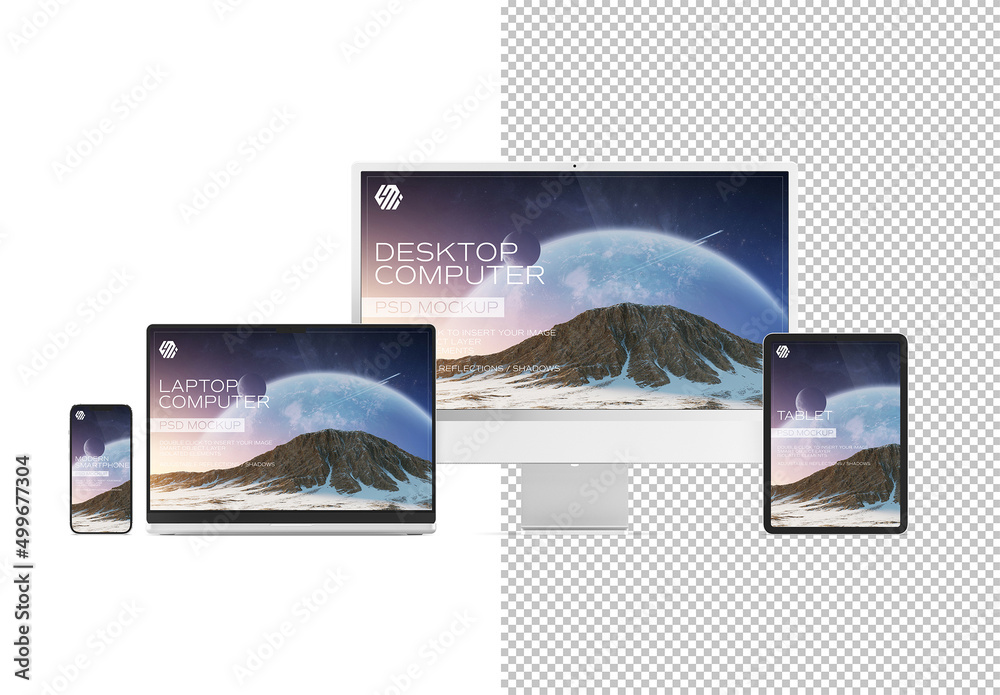 Devices Mockup with Smartphone Desktop Computer Laptop and Tablet Stock ...
