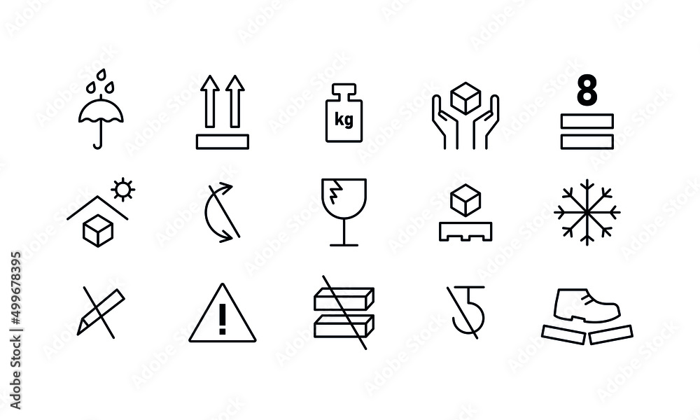 Packaging line icon set. Keep dry do not roll no hook handle with care ...