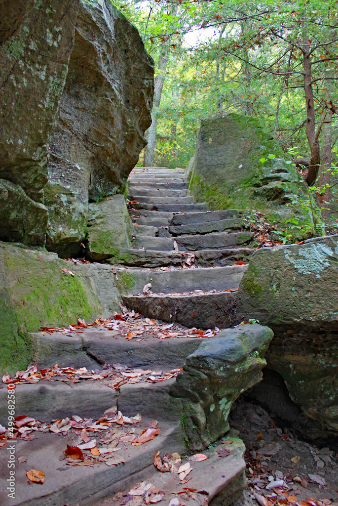 Stair steps along hiking trail to the Rock House at Hocking Hills State ...
