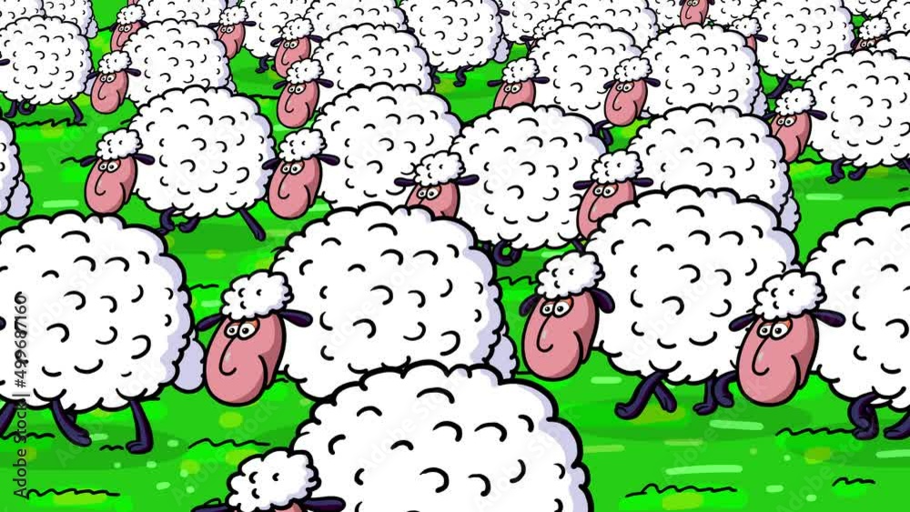 Sheep white cartoon characters herd walking in the meadow. Less sheep ...