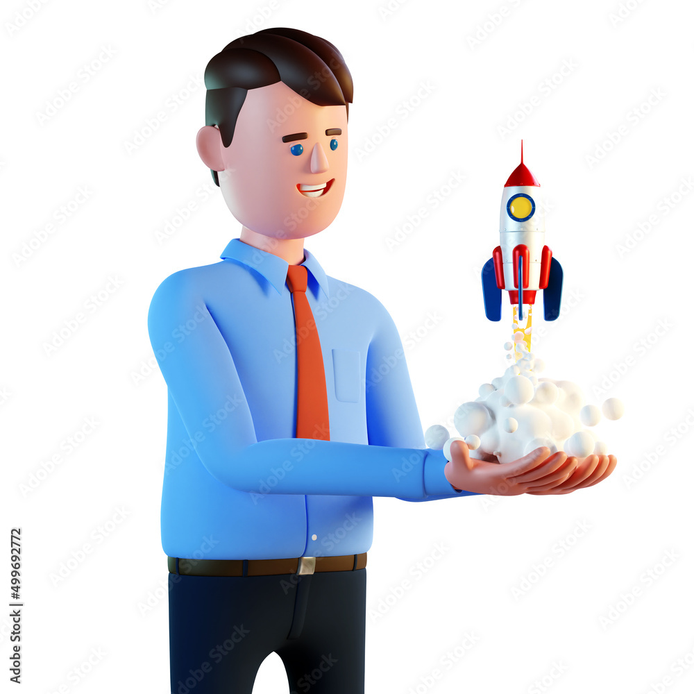 3d man launches a rocket from his hands - startup concept. 3d ...