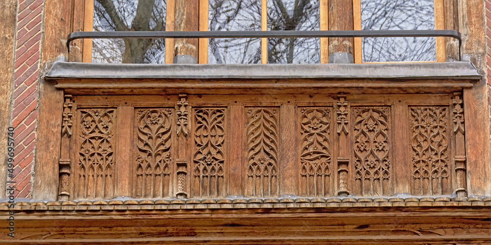Decorative patterns carved in wood, detail of a historical house in ...