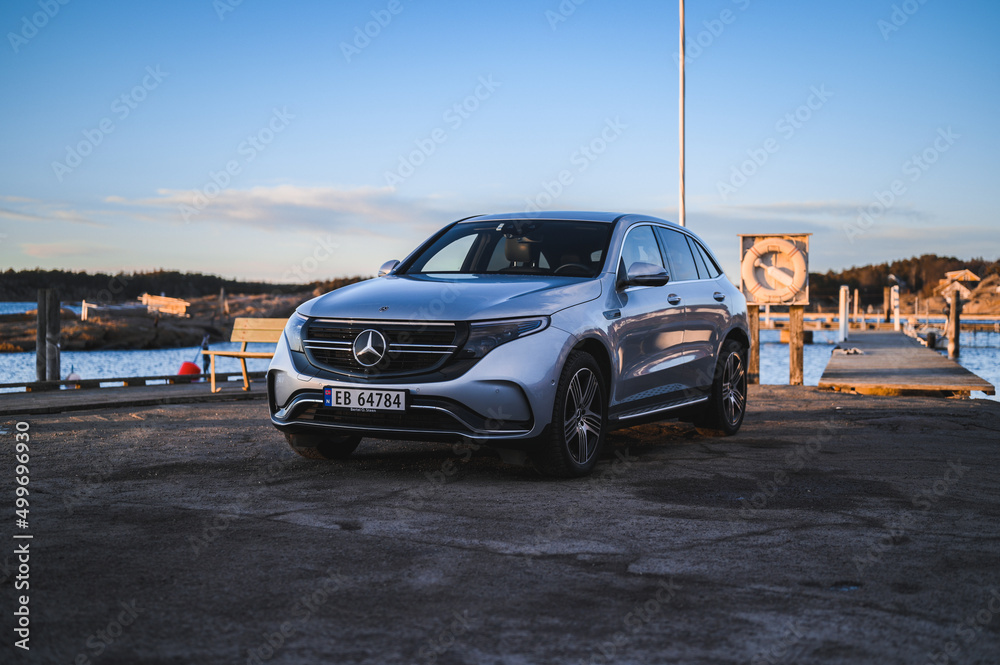 Sandefjord, Norway - februar 25, 2022: Silver Mercedes EQC. The ...