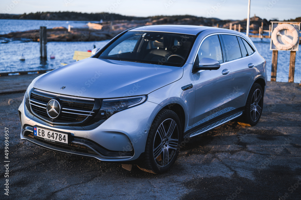 Sandefjord, Norway - februar 25, 2022: Silver Mercedes EQC. The ...