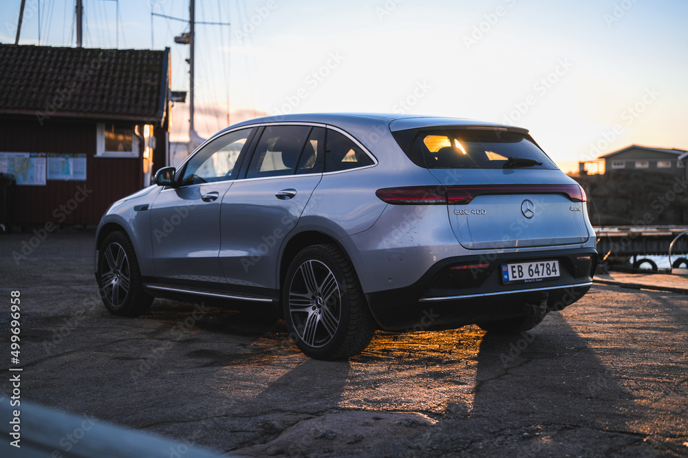 Sandefjord, Norway - februar 25, 2022: Silver Mercedes EQC. The ...